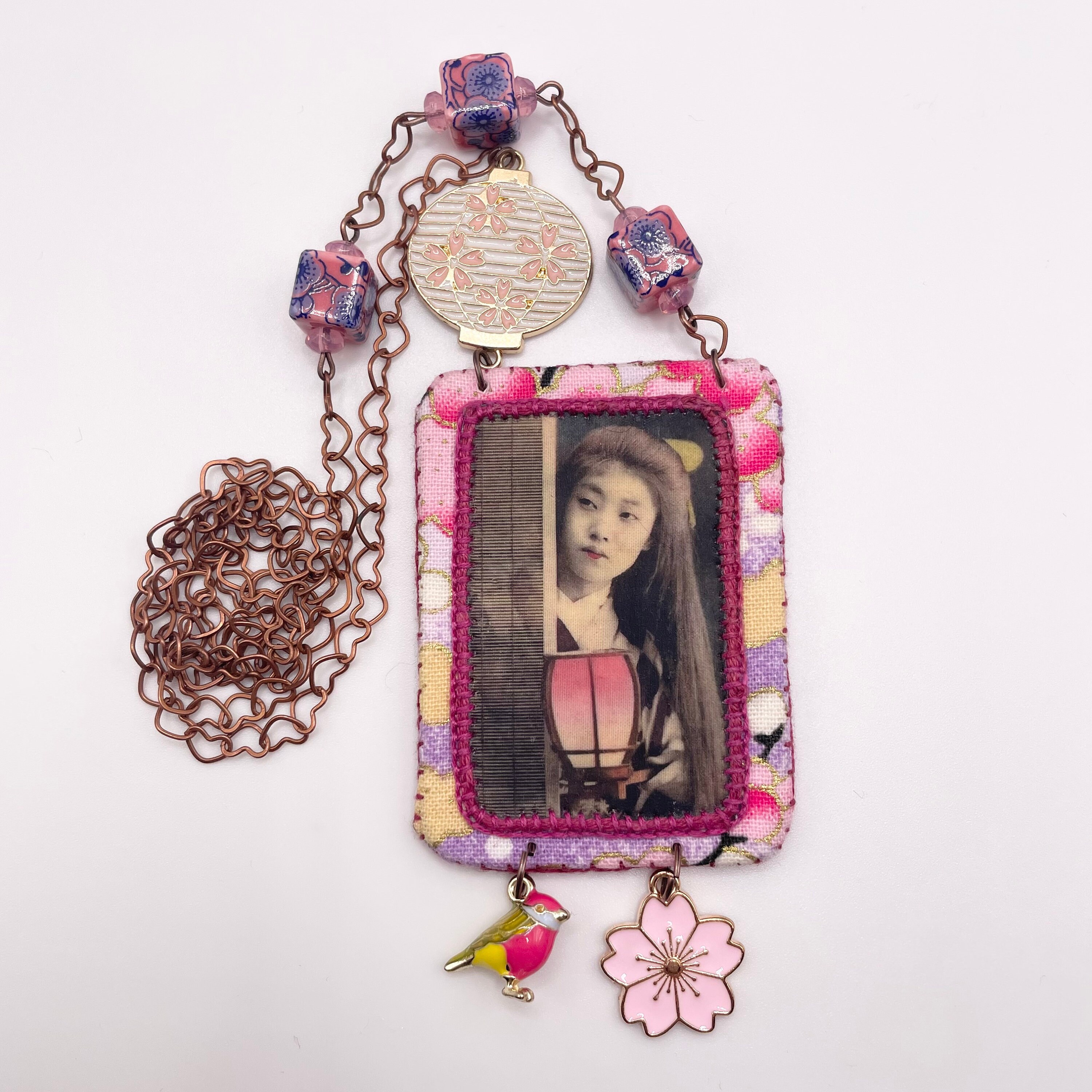 Japanese Geisha Lantern Bird Sakura Flower Necklace Japanese Heart - Etsy