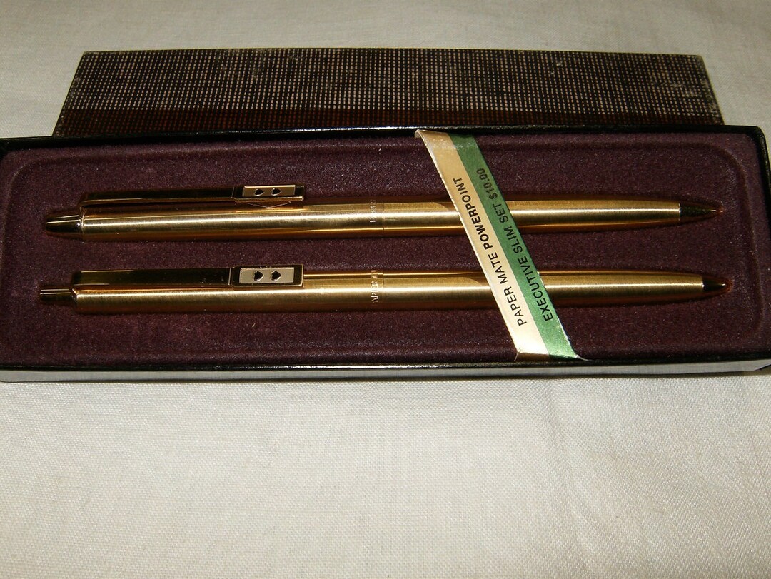 Vintage Paper Mate Brushed Gold Ball Point Pen Pencil Slim Set Original ...