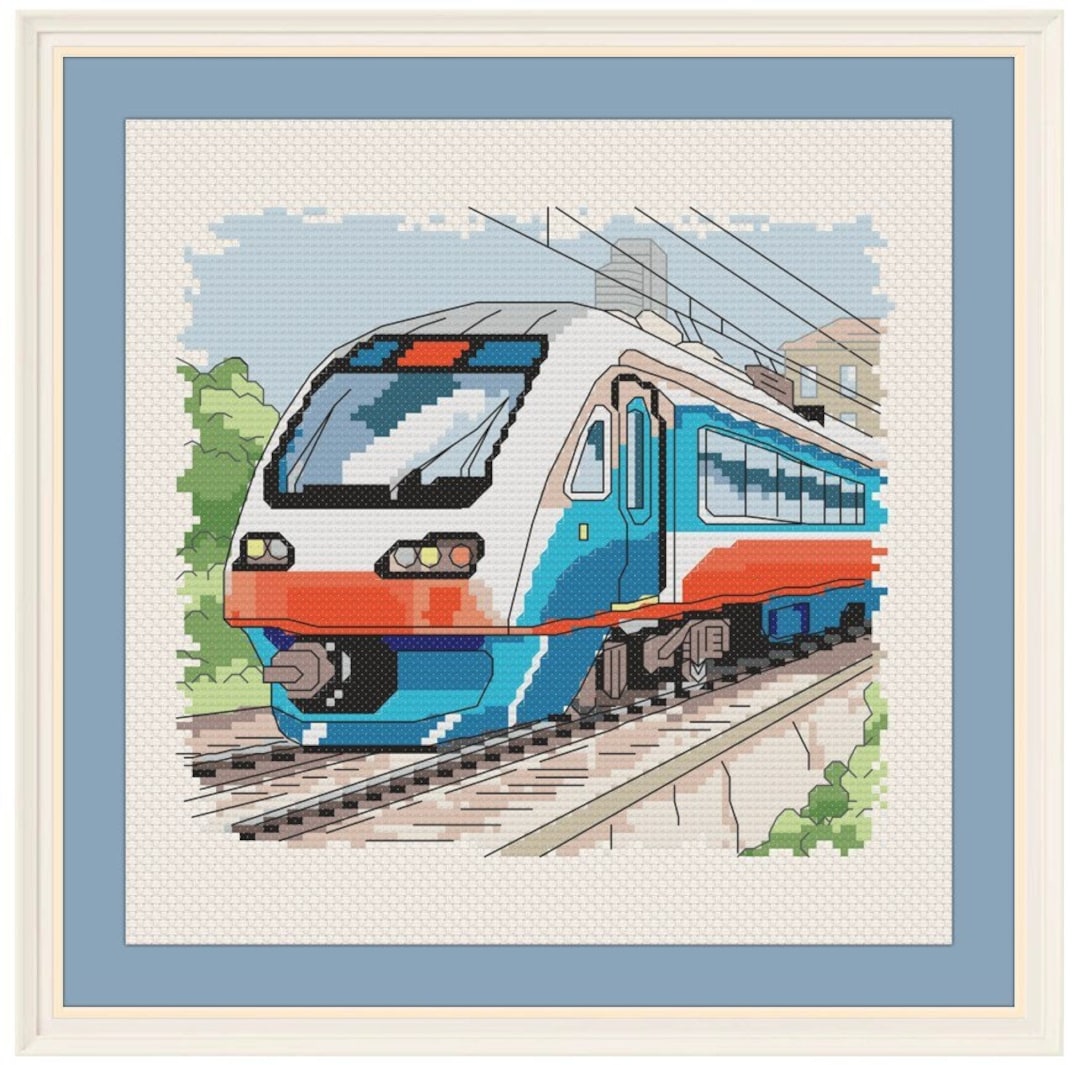Modern Metro Subway Train Blue Red White Detailed, Cross Stitch Pattern ...