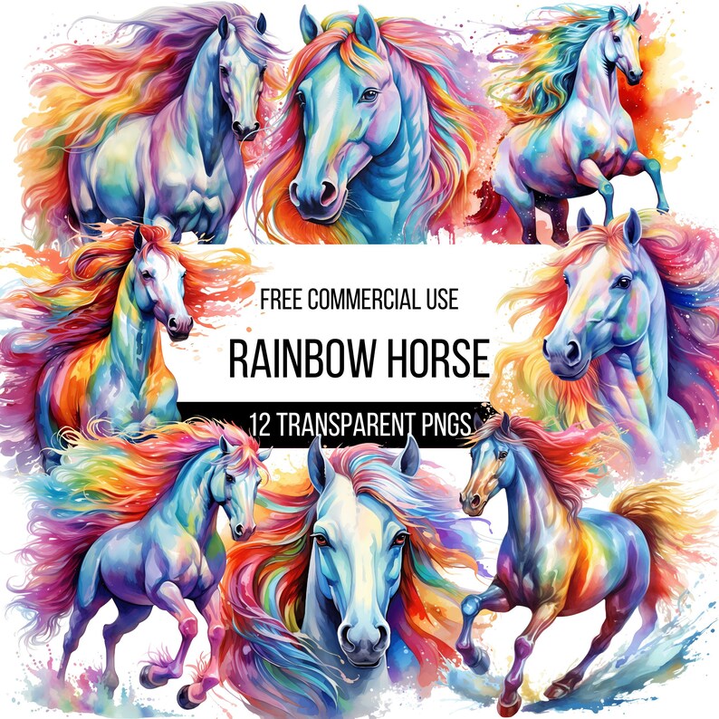Watercolor Rainbow Horse Clipart - 12 High Quality Transparent Pngs ...