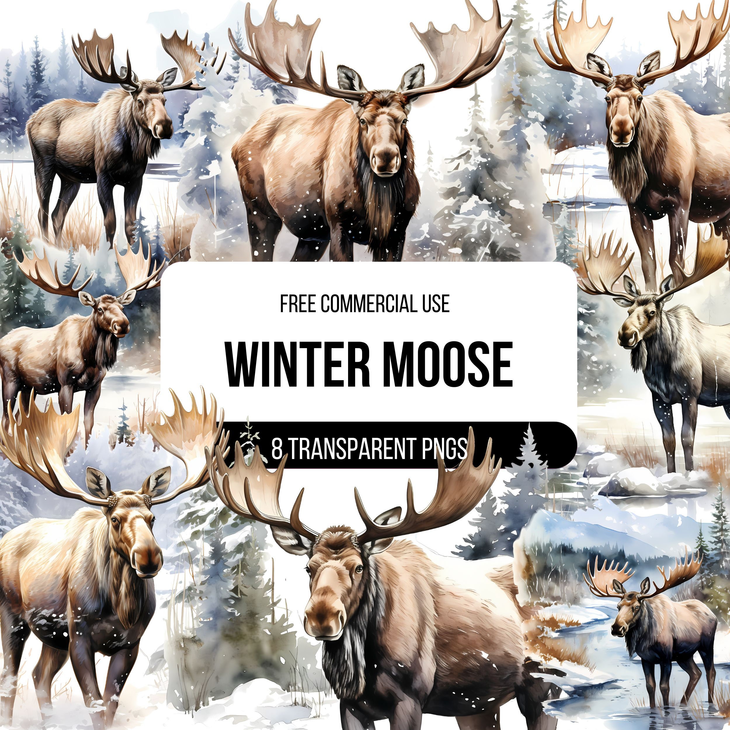 Watercolor Winter Moose Clipart - 8 High Quality Transparent Pngs ...