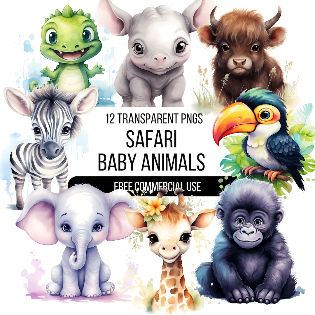 Watercolor Baby Safari Animals Clipart - 12 High Quality Transparent ...