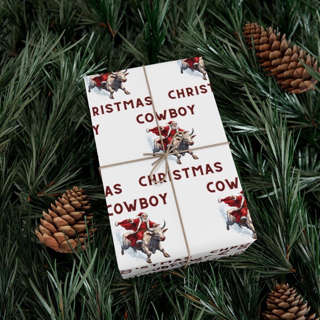 Cowboy Christmas Gift Wrap | Bull Riding Santa | Satin or Matte | Merry ...