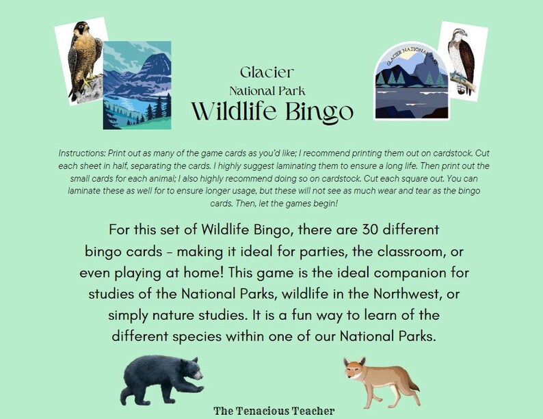Glacier National Park Wildlife Bingo Printable | Digital Download ...
