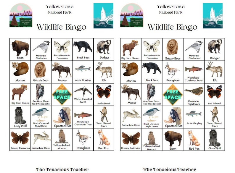 Yellowstone Wildlife Bingo | National Parks Game (digital Download) - Etsy