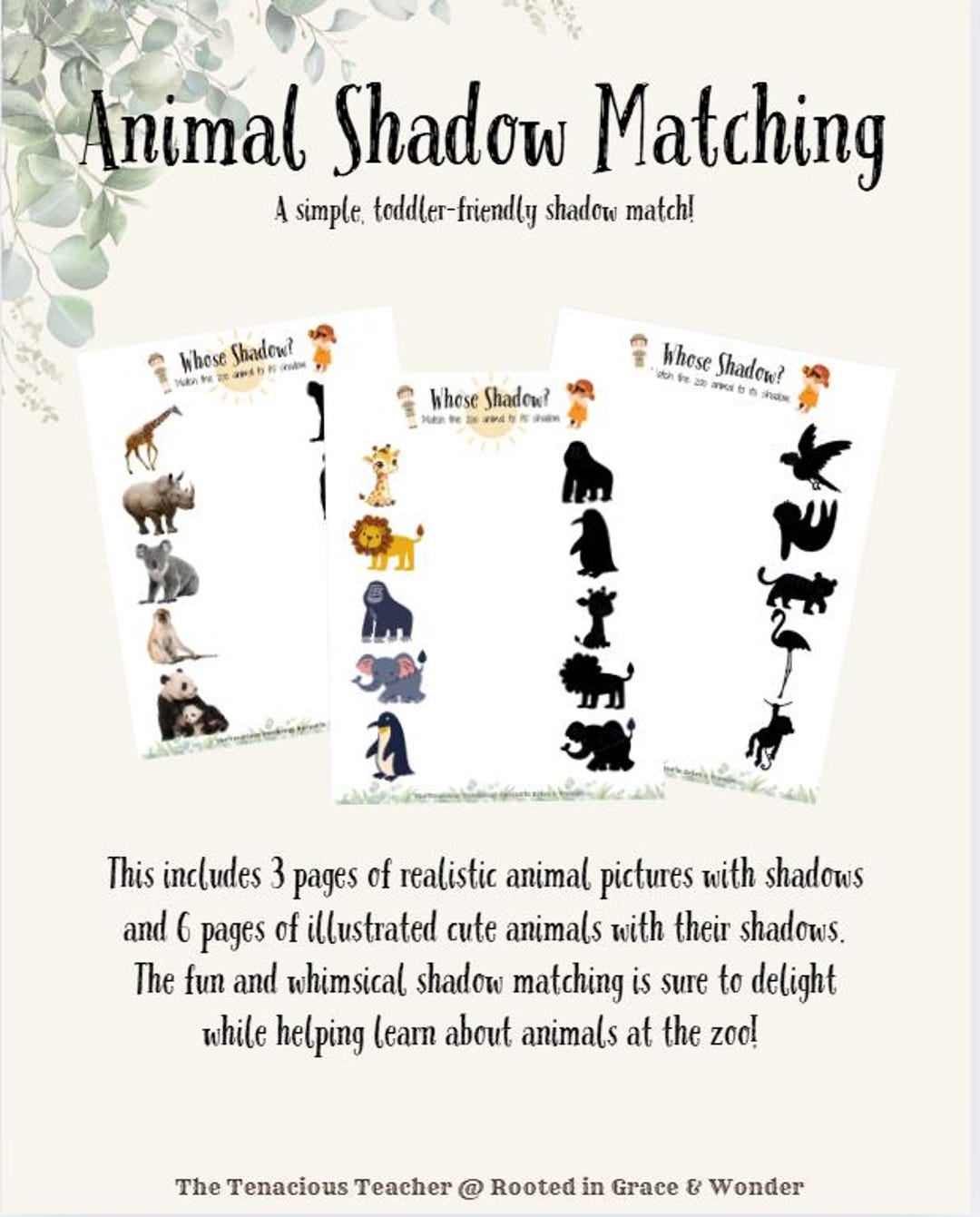 Zoo Animal Shadow Matching – Toddler & Preschool Learning Printable Set ...
