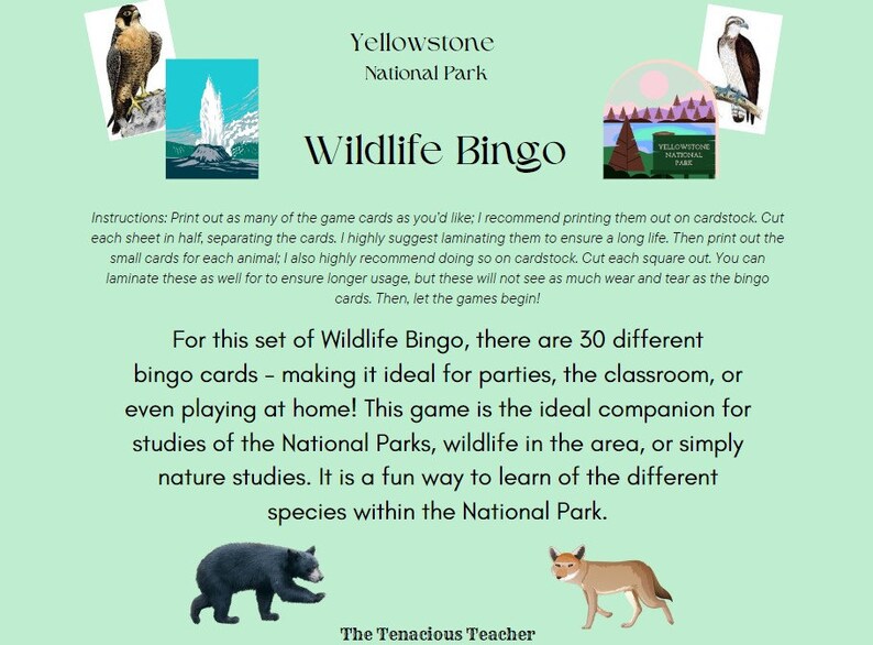 Yellowstone National Park Wildlife Bingo Printable | Digital Download ...