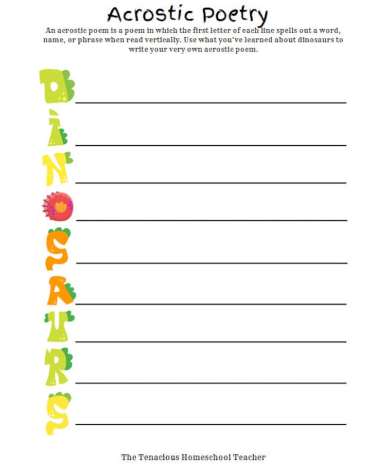Fun Dinosaur Themed Acrostic Poem Pages | Language Arts Poetry ...