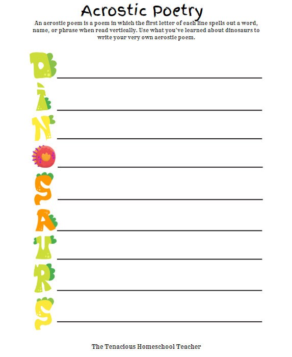 Fun Dinosaur Themed Acrostic Poem Pages | Language Arts Poetry ...