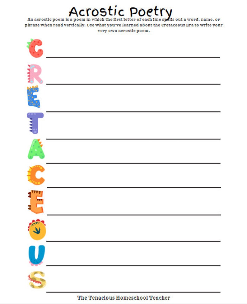 Fun Dinosaur Themed Acrostic Poem Pages | Language Arts Poetry ...