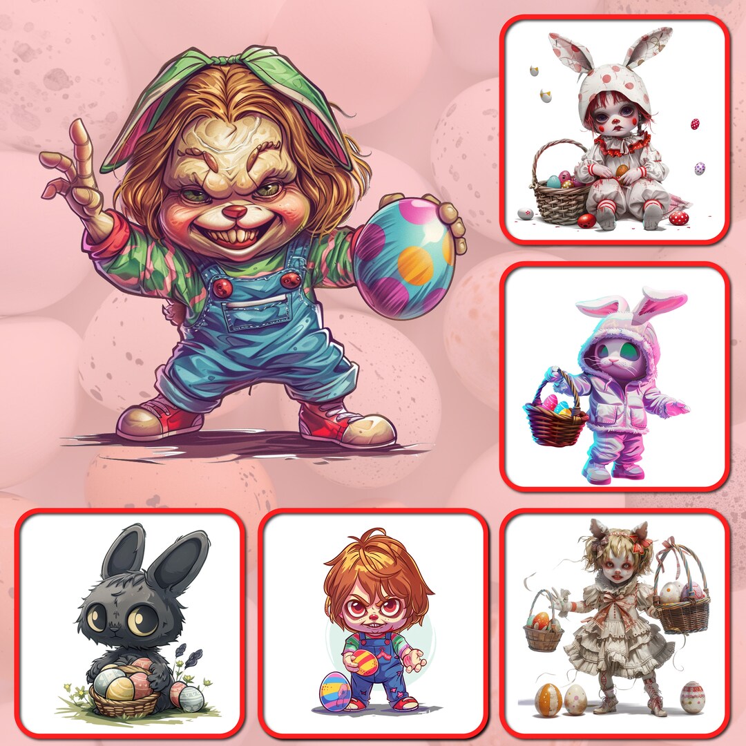 12 Killer Easter Chibi Cartoon Png Bundle, Horror Easter Png, Happy ...