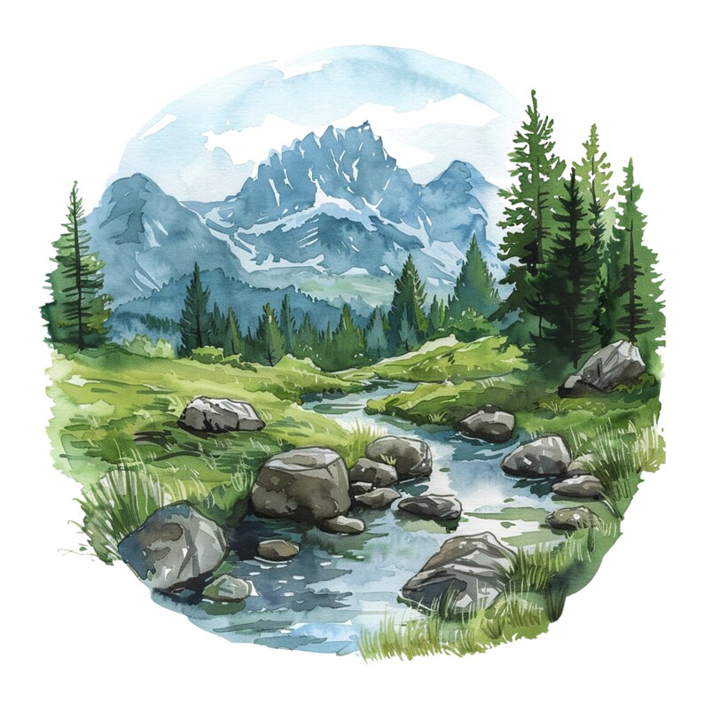10 Watercolor Mountain Stream Clipart, Stream Watercolor, Stream ...