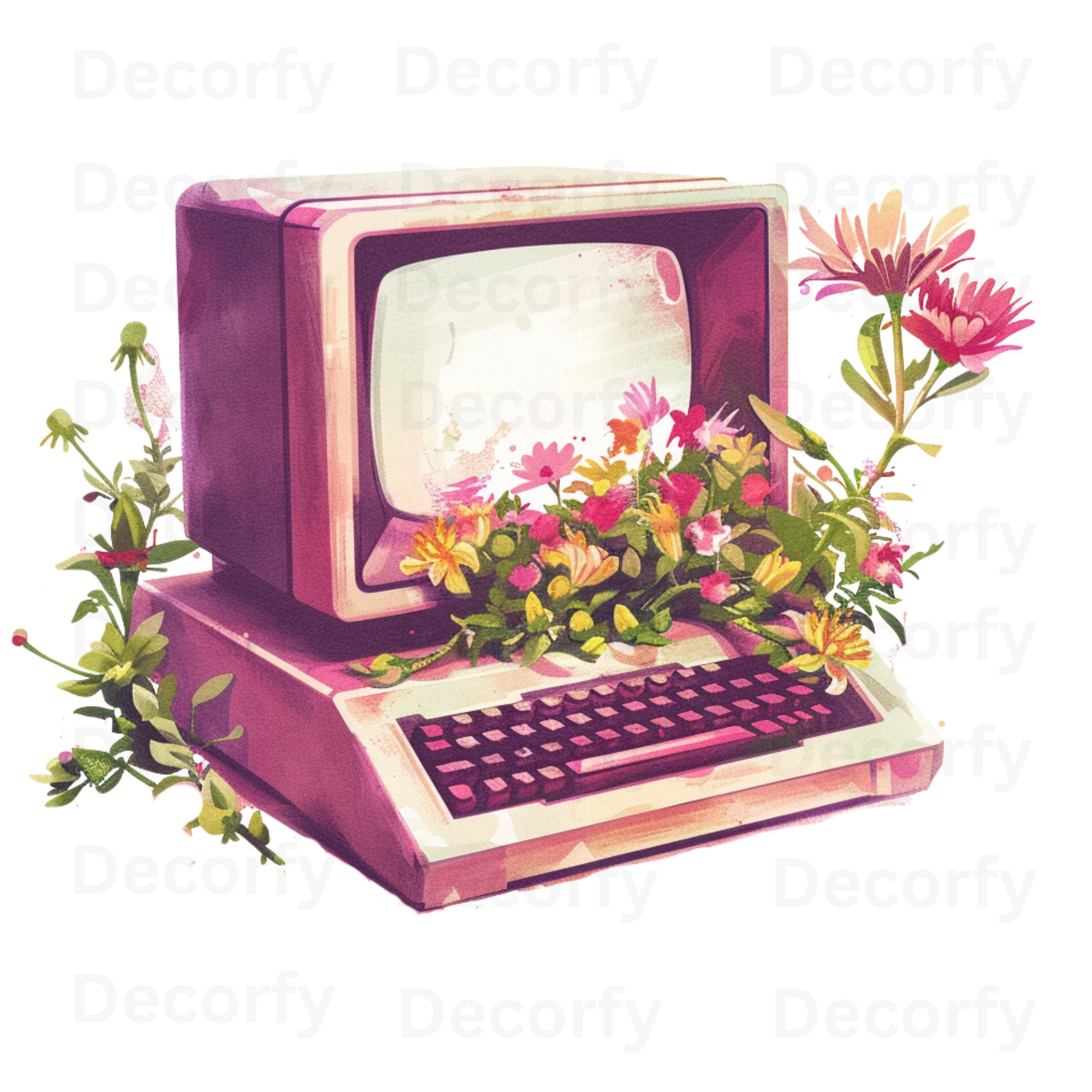 8 Pink Vintage Computer Clipart, PC Clipart, Printable Watercolor ...