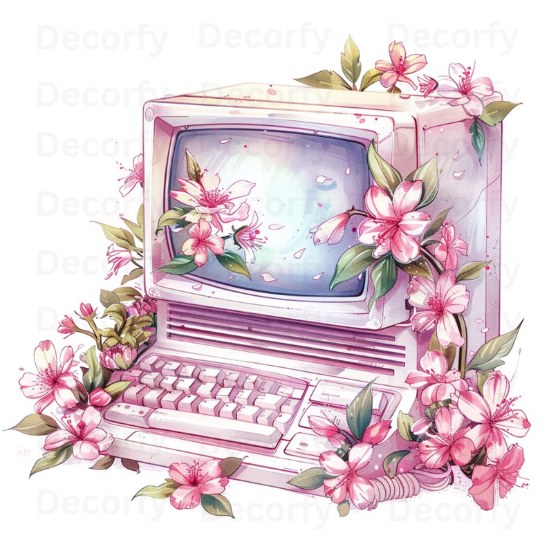8 Pink Vintage Computer Clipart, PC Clipart, Printable Watercolor ...