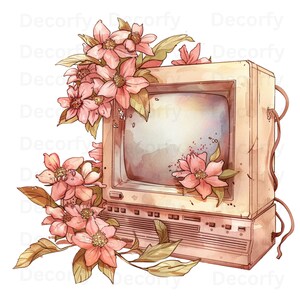 8 Pink Vintage Computer Clipart, PC Clipart, Printable Watercolor ...