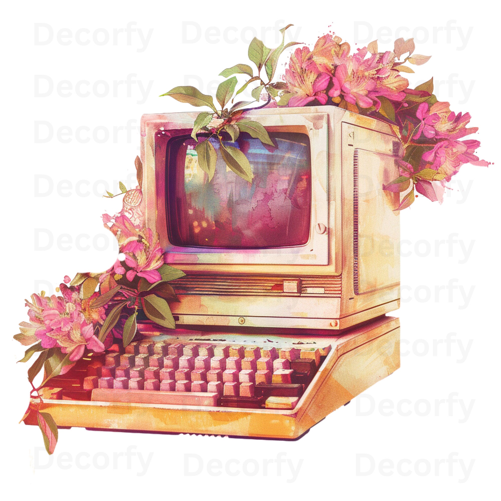 8 Pink Vintage Computer Clipart, PC Clipart, Printable Watercolor ...
