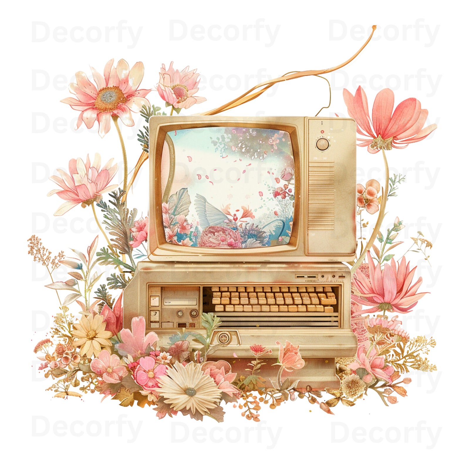 8 Pink Vintage Computer Clipart, PC Clipart, Printable Watercolor ...