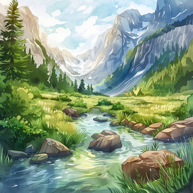 10 Watercolor Mountain Stream Clipart, Stream Watercolor, Stream ...