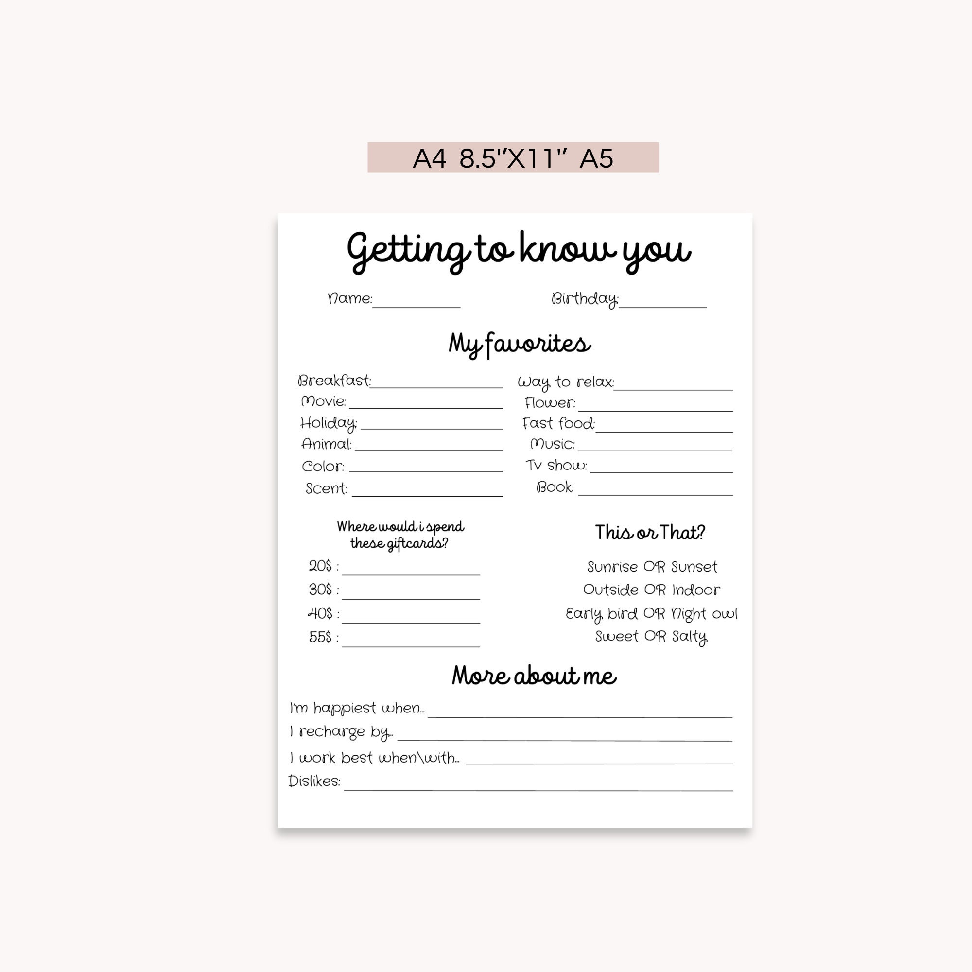 Getting To Know You Printable Employee Favorite Things Survey