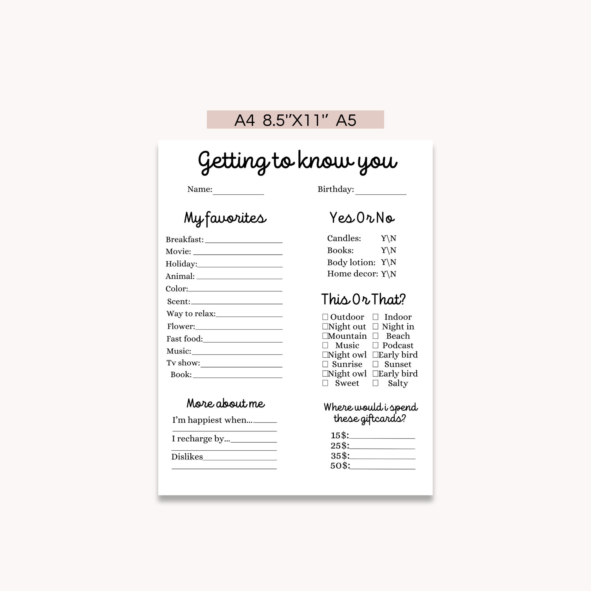 Getting to Know Staff Printable, Coworker Questionnaire, Employee ...