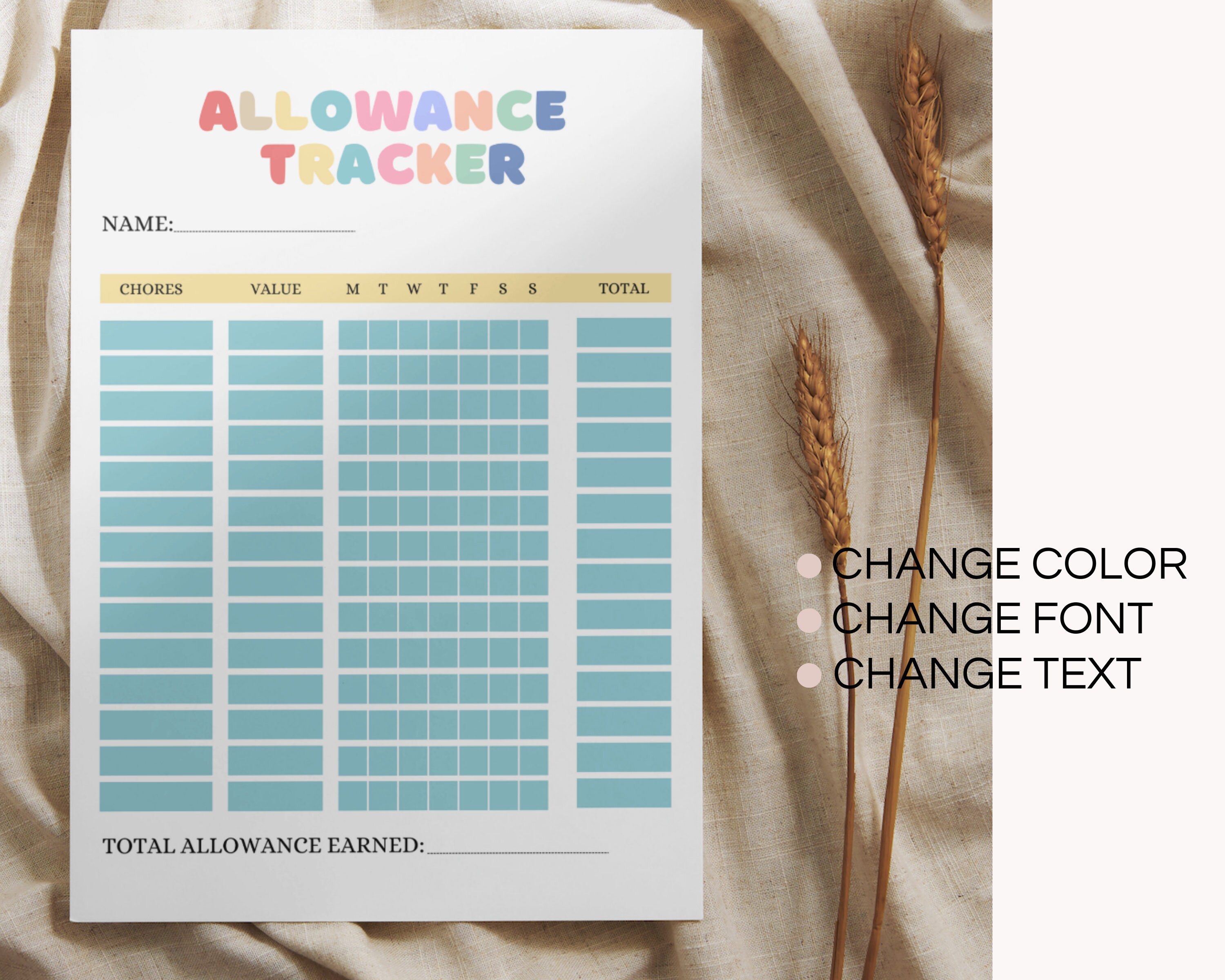 Allowance Chart for Kids Weekly Allowance Chore Chart Money - Etsy