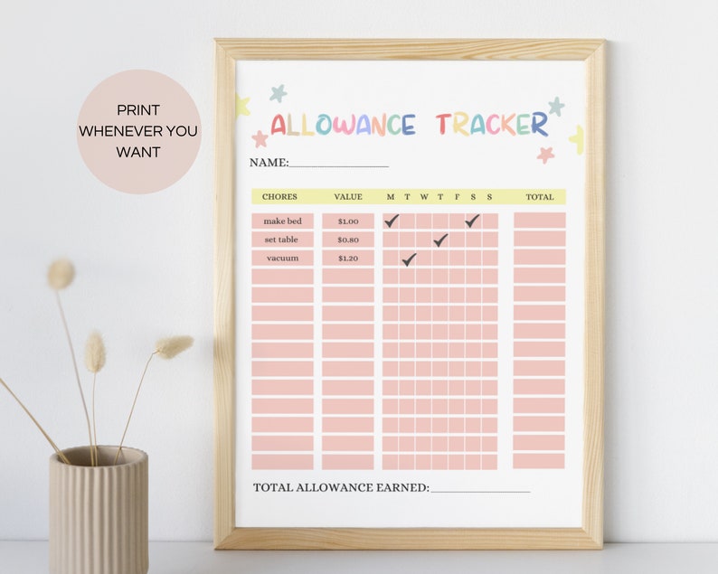 Allowance Chart for Kids, Weekly Allowance Chore Chart, Money Reward ...
