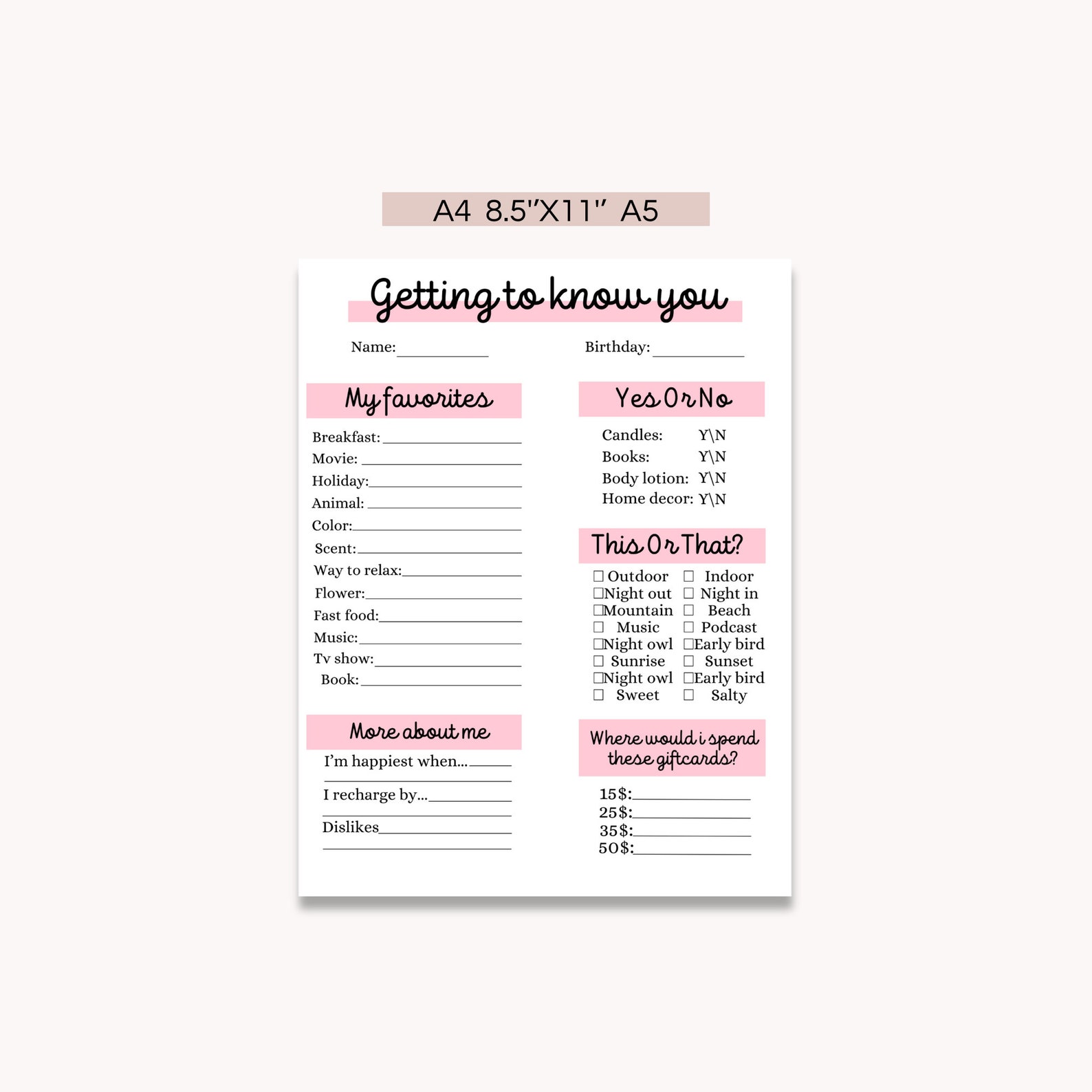 Getting To Know You Printable Employee Favorite Things Etsy