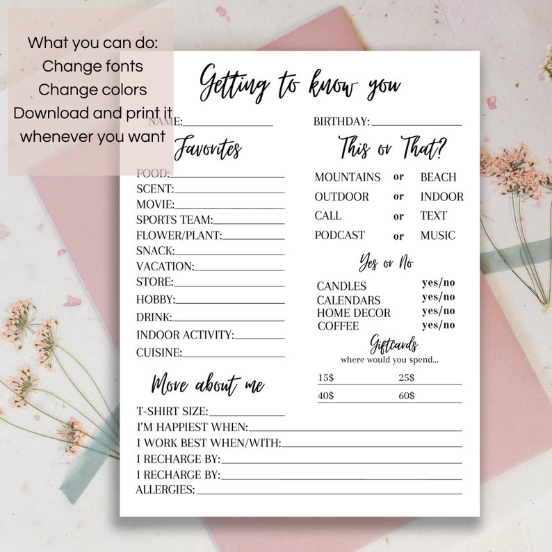 Getting To Know You Printable Employee Favorite Things Survey