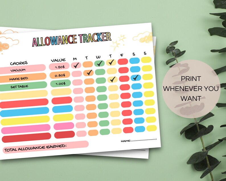 Allowance Chart for Kids, Weekly Allowance Chore Chart, Money Reward ...