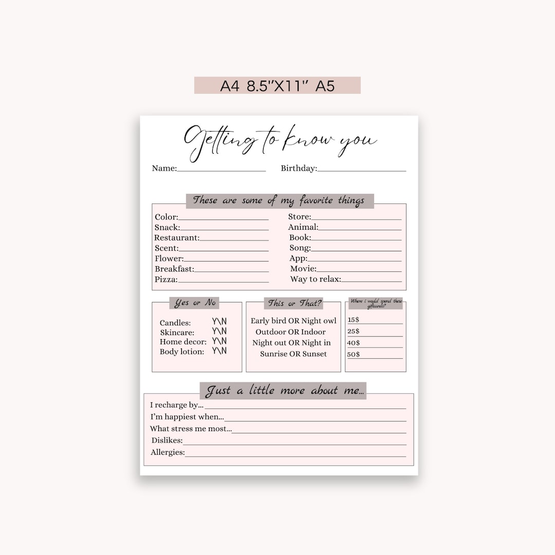 Getting To Know You Printable Employee Favorite Things Survey