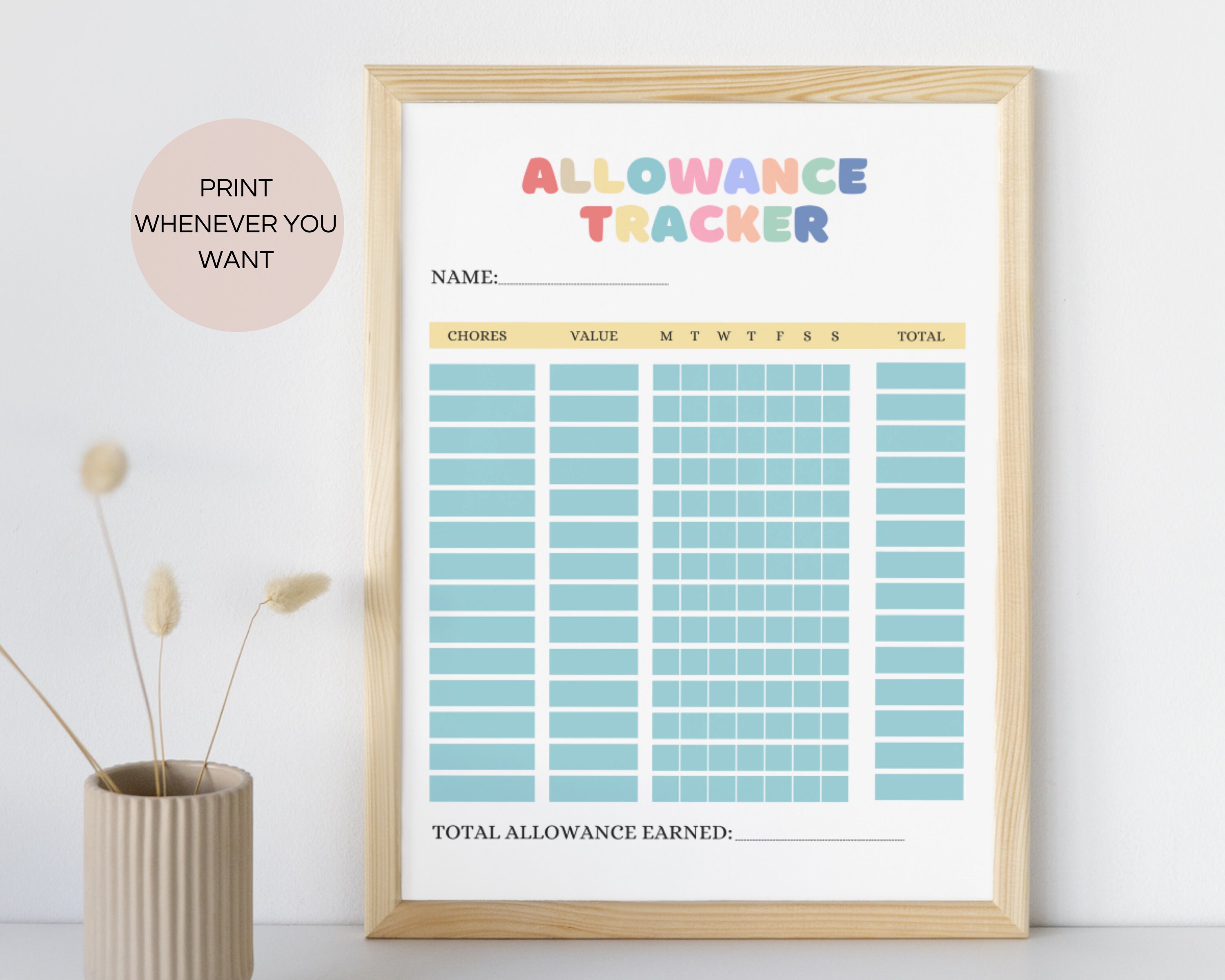 Allowance Chart for Kids Weekly Allowance Chore Chart Money - Etsy