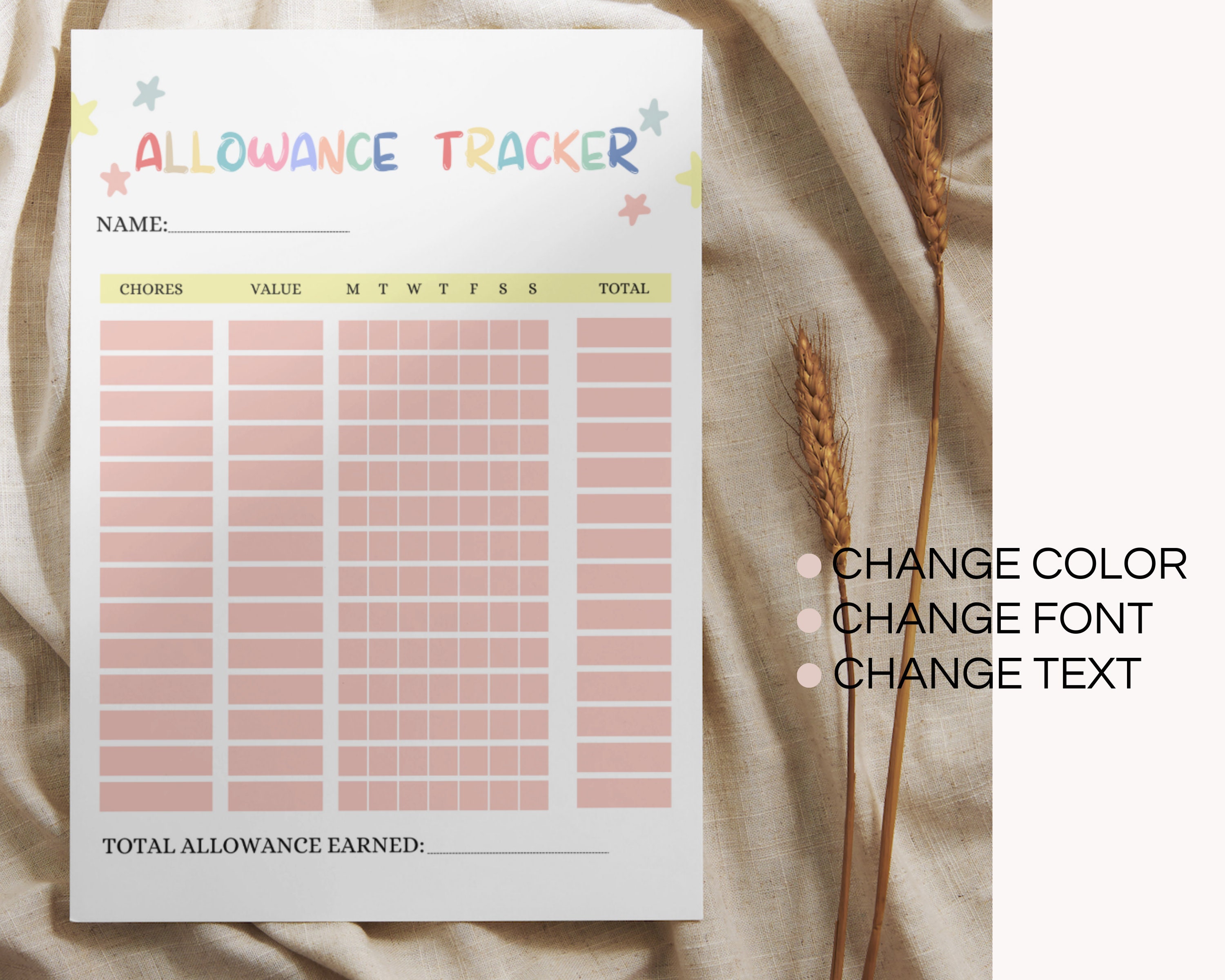 Allowance Chart for Kids, Weekly Allowance Chore Chart, Money Reward ...