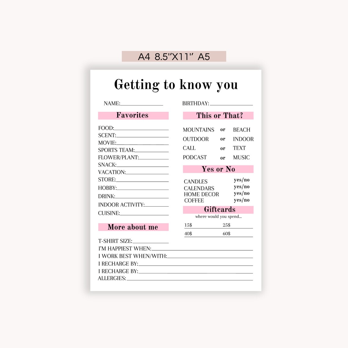 Getting to Know You Printable, Employee Favorite Things Survey ...