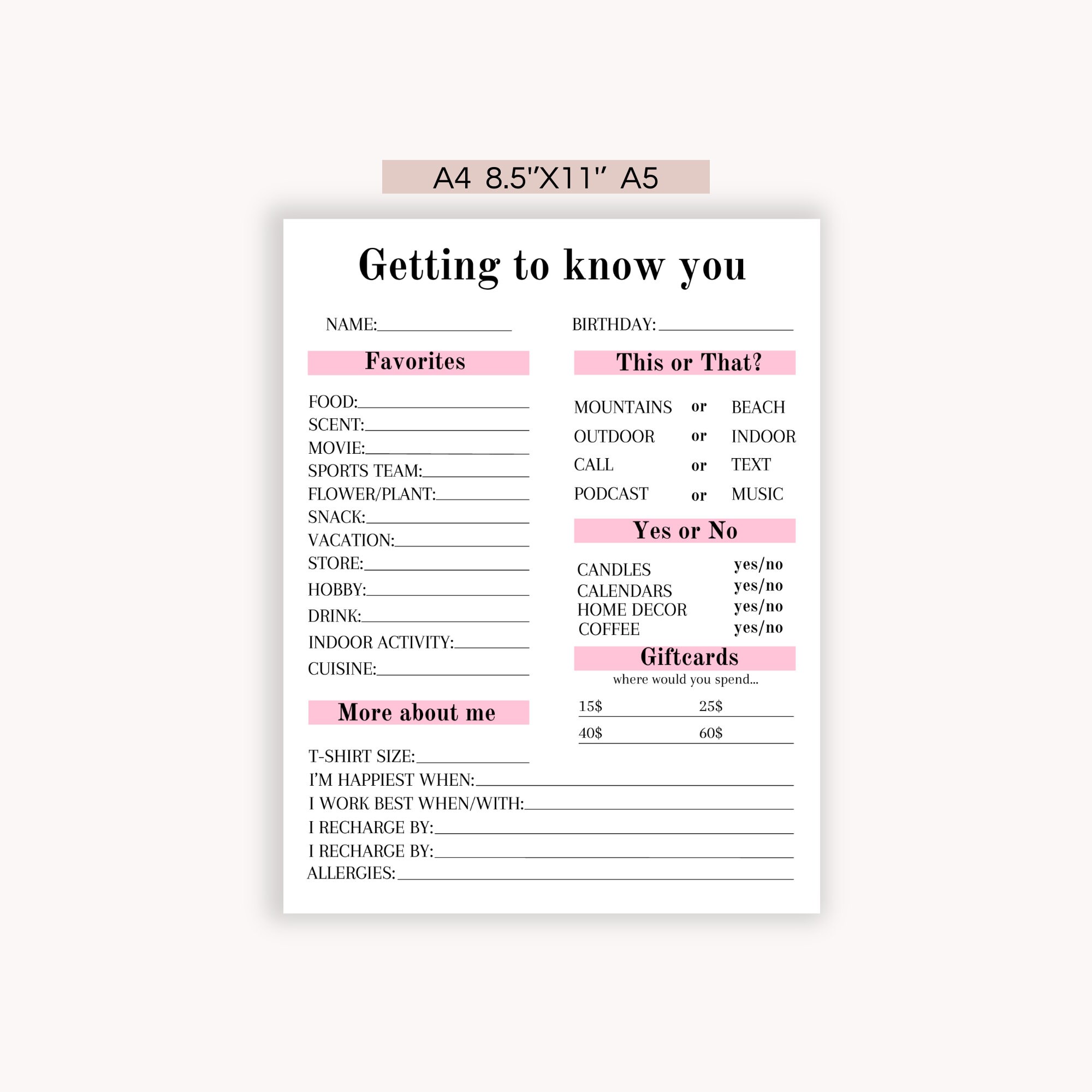 Getting to Know You Printable Employee Favorite Things - Etsy Canada