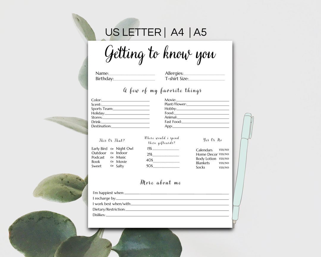 Getting To Know You Printable Employee Favorite Things Etsy