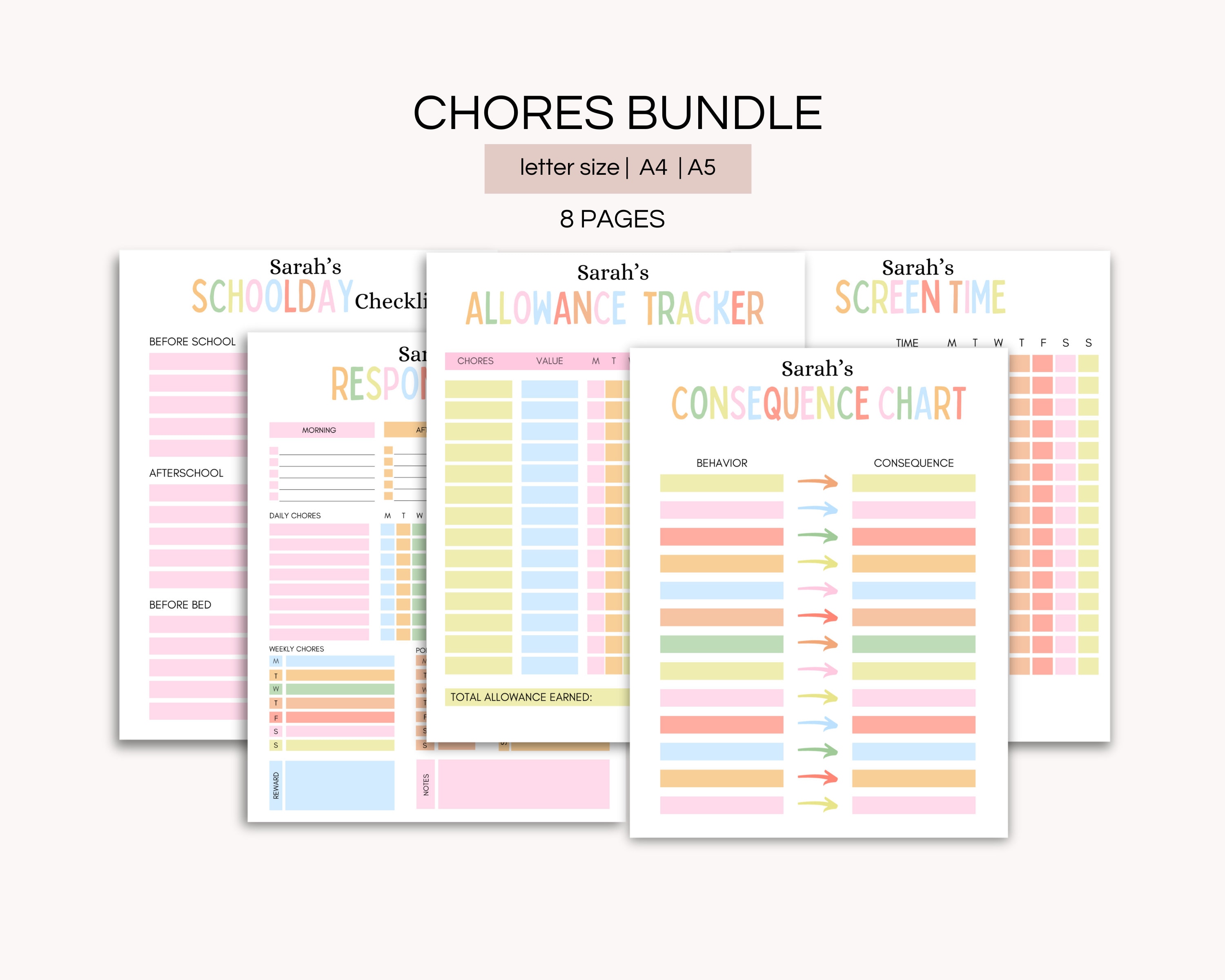 Editable Chore Chart Bundle, Behavior Consequence Printable, Daily ...
