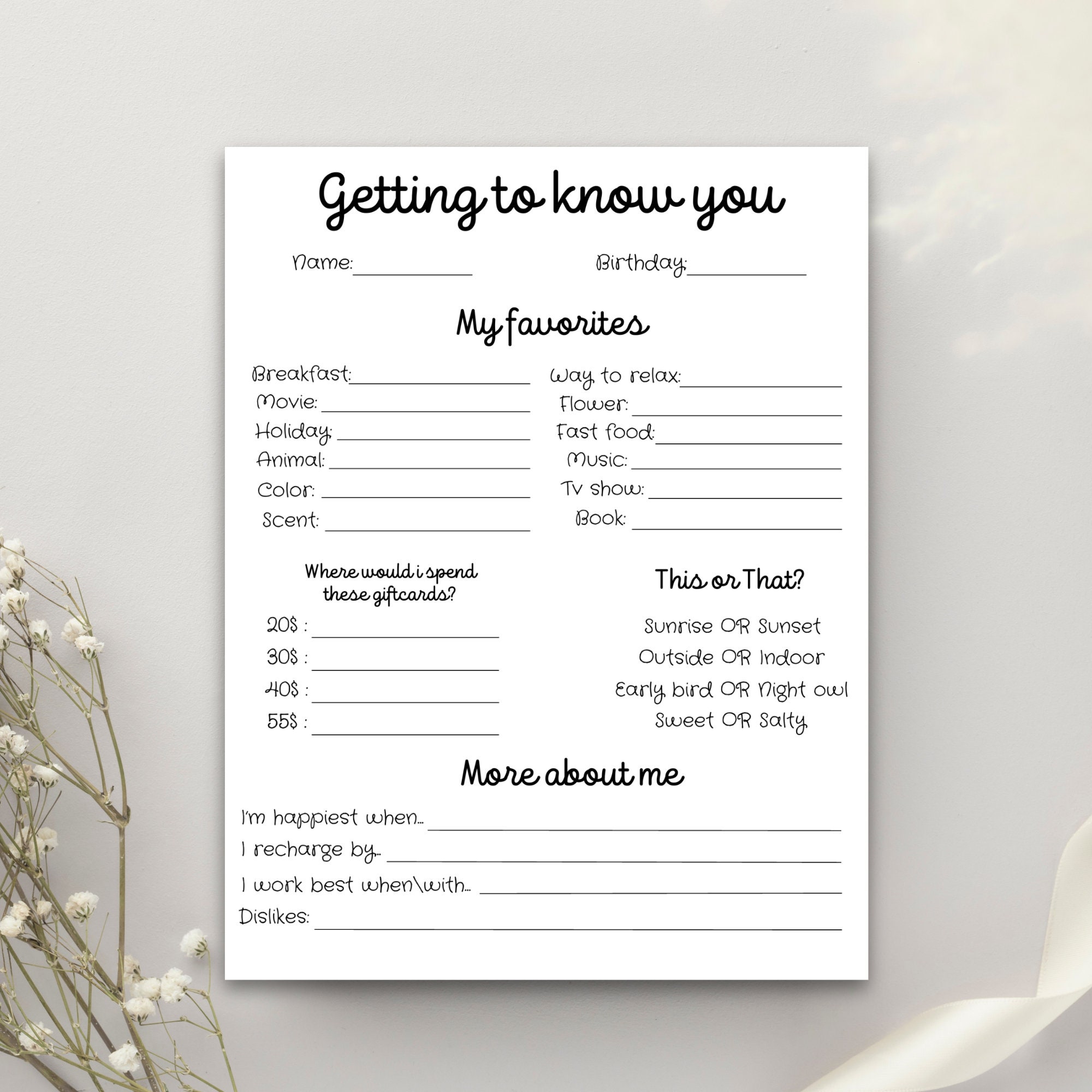 Getting To Know You Printable Employee Favorite Things Etsy