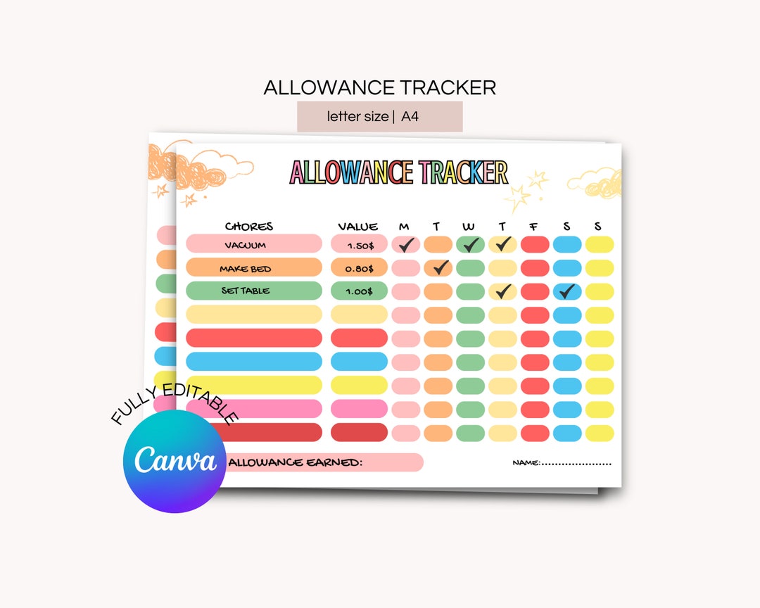 Allowance Chart for Kids, Weekly Allowance Chore Chart, Money Reward ...