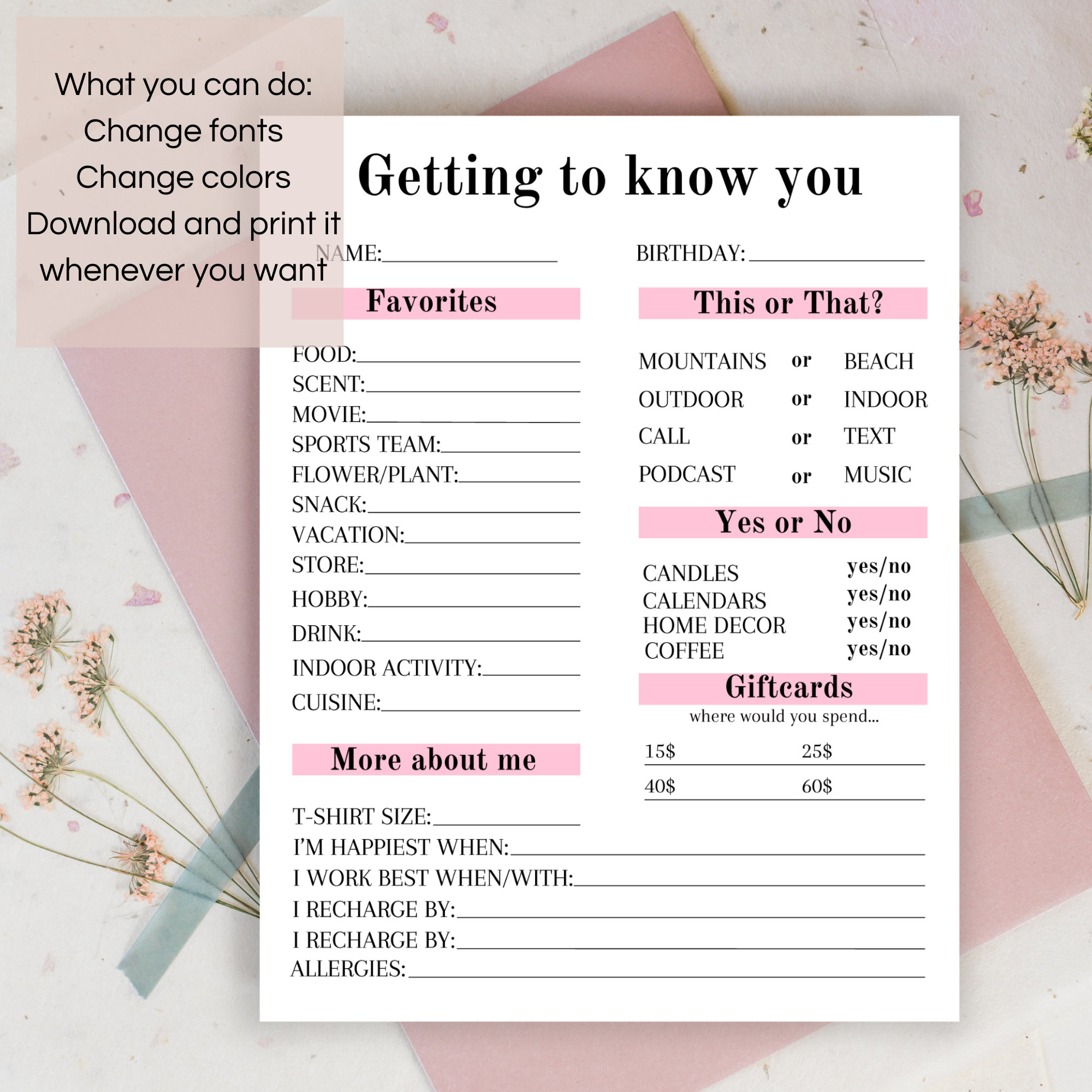 Getting to Know You Printable, Employee Favorite Things Survey, Coworker Questions, All About Me ...
