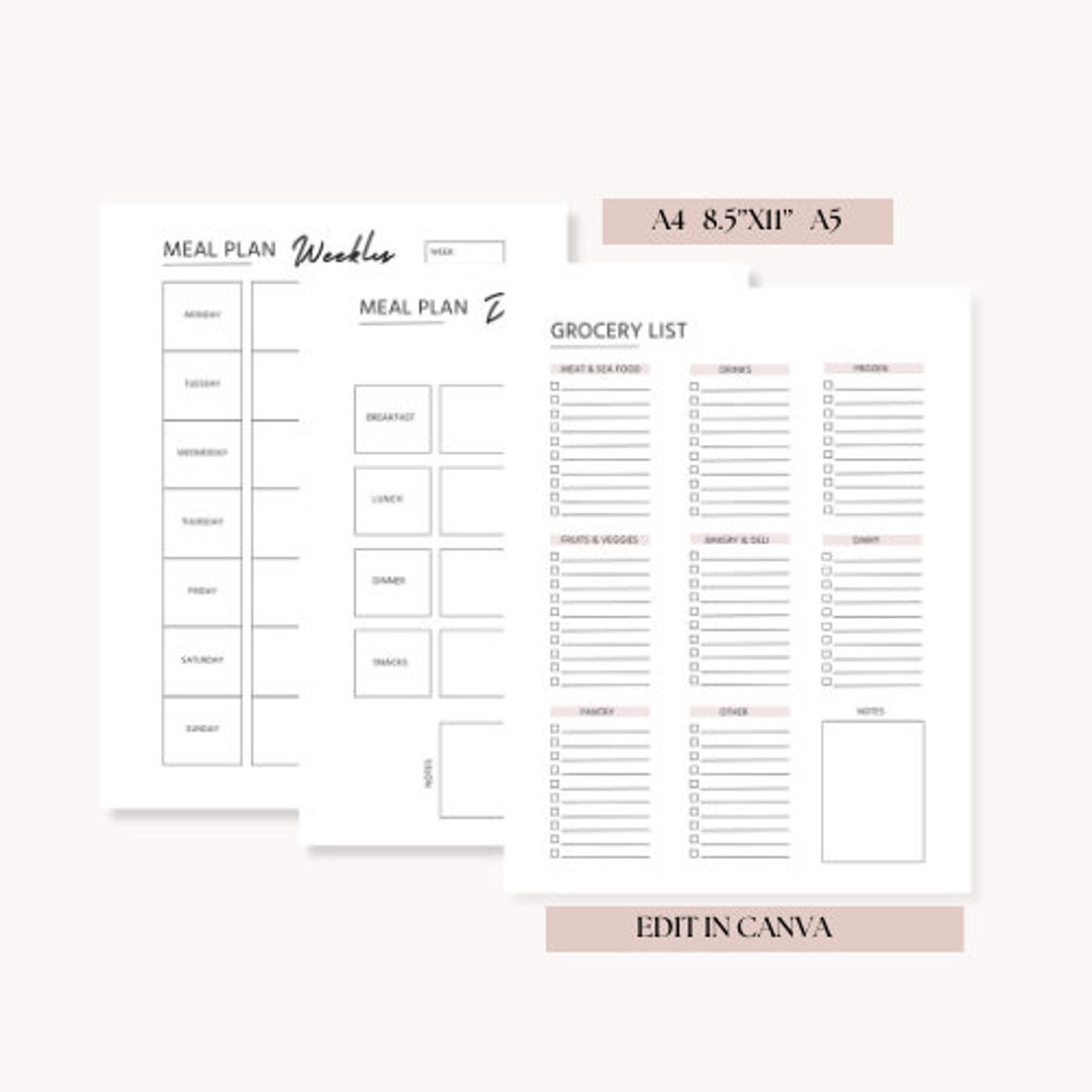 Daily Menu Planner Grocery List Sheets Printable Meal - Etsy