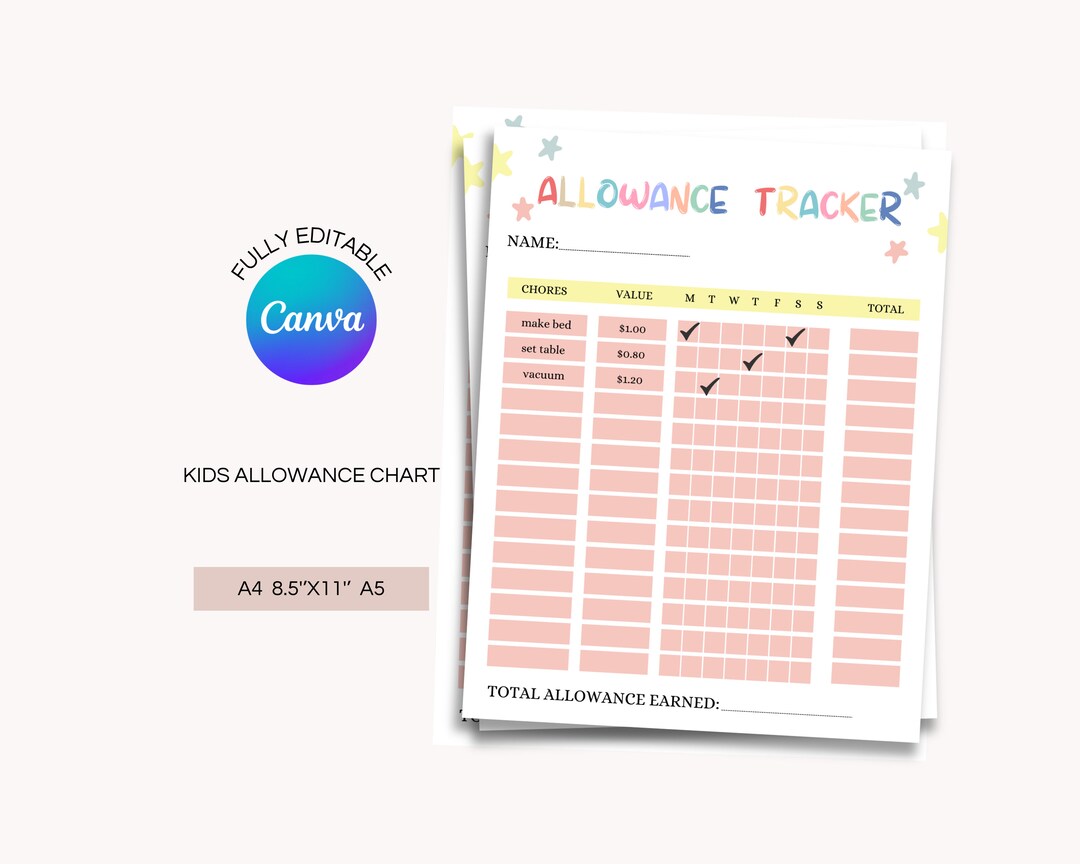 Allowance Chart for Kids, Weekly Allowance Chore Chart, Money Reward ...