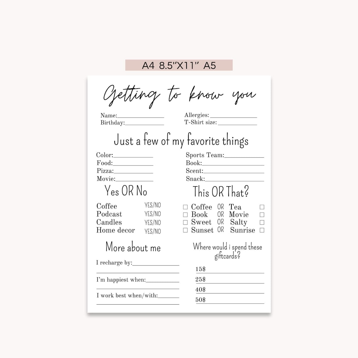 Getting To Know You Printable Employee Favorite Things Survey