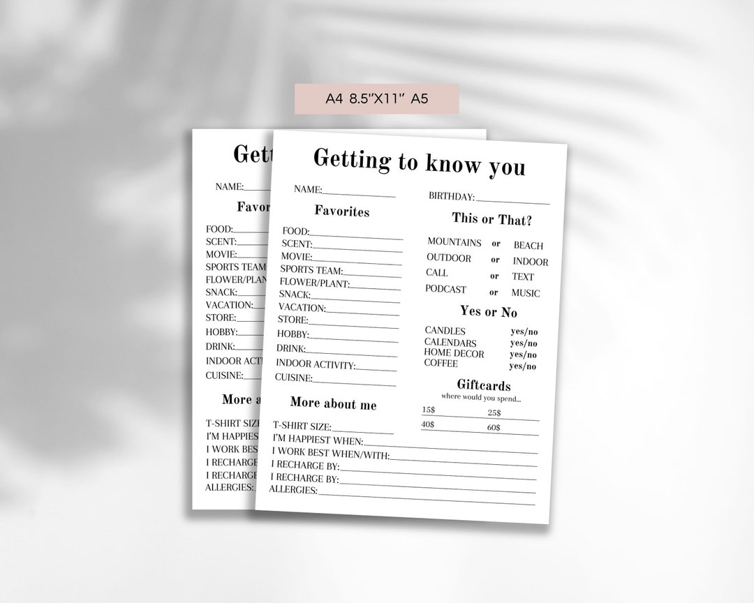 Getting To Know You Printable Employee Favorite Things Etsy