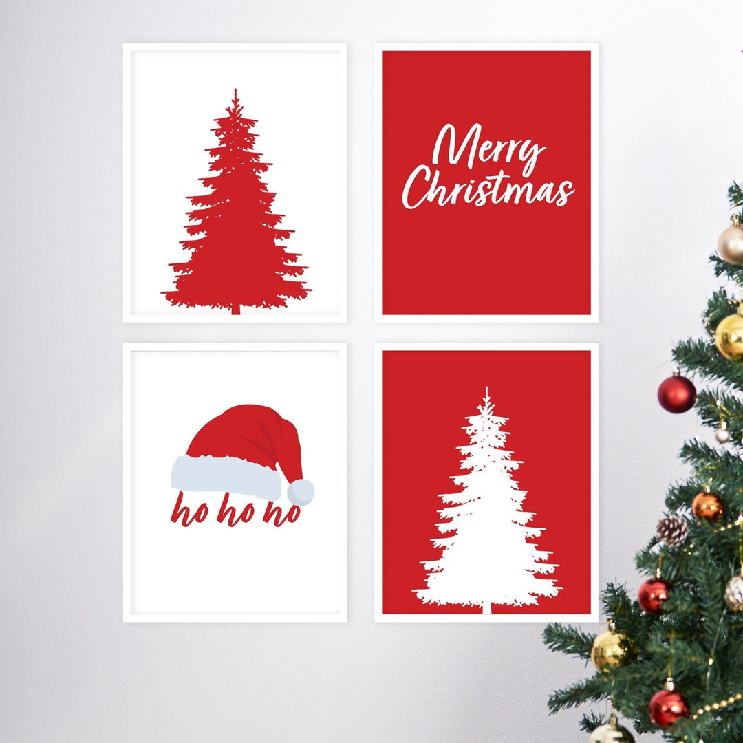Red Christmas Prints Wall Art Set of 4 - Digital Download Print, Xmas ...