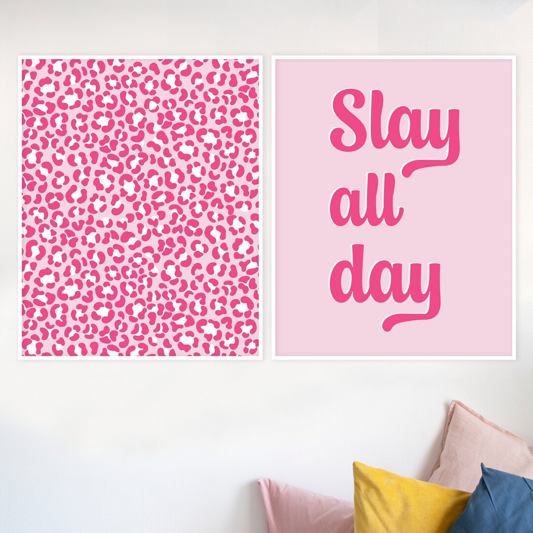 Preppy Posters, Leopard Pattern, Slay All Day, Set of 2 in Pink ...