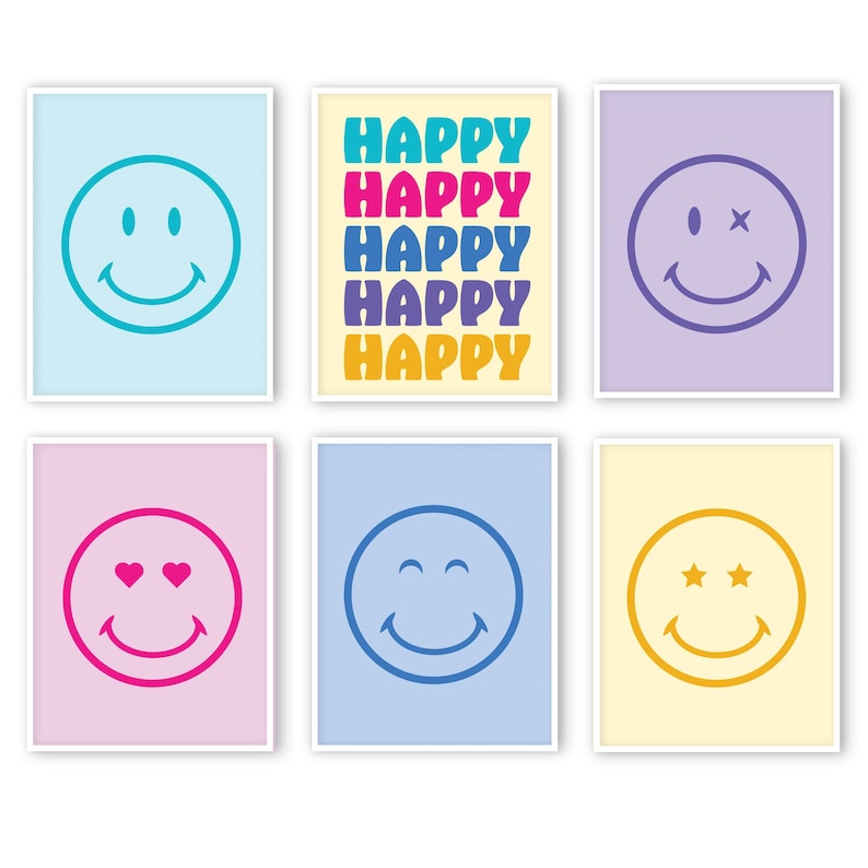 Preppy Smiley Faces Wall Art Set of 6 - Digital Download Print, Preppy ...
