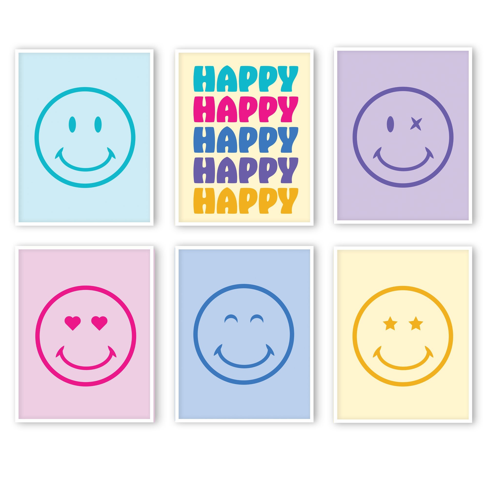 Preppy Smiley Faces Wall Art Set of 6 - Digital Download Print, Preppy ...