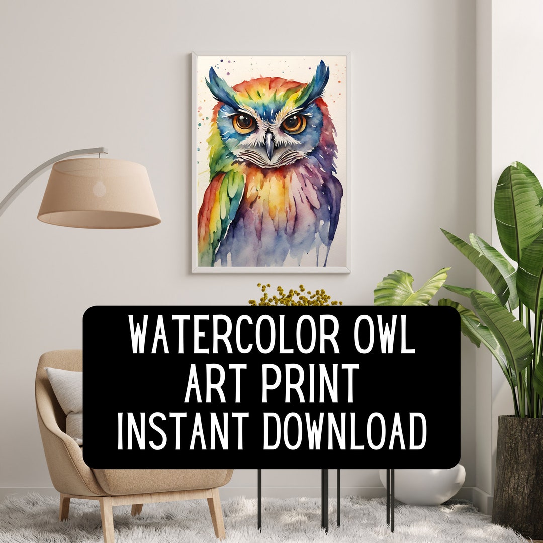 Colorful Watercolor Owl Art - Whimsical Rainbow Owl Digital Print ...