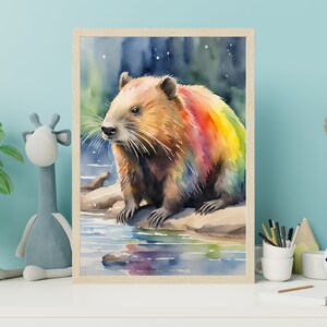 Rainbow Beaver Digital Art Print – Watercolor Woodland Nutria Animal ...