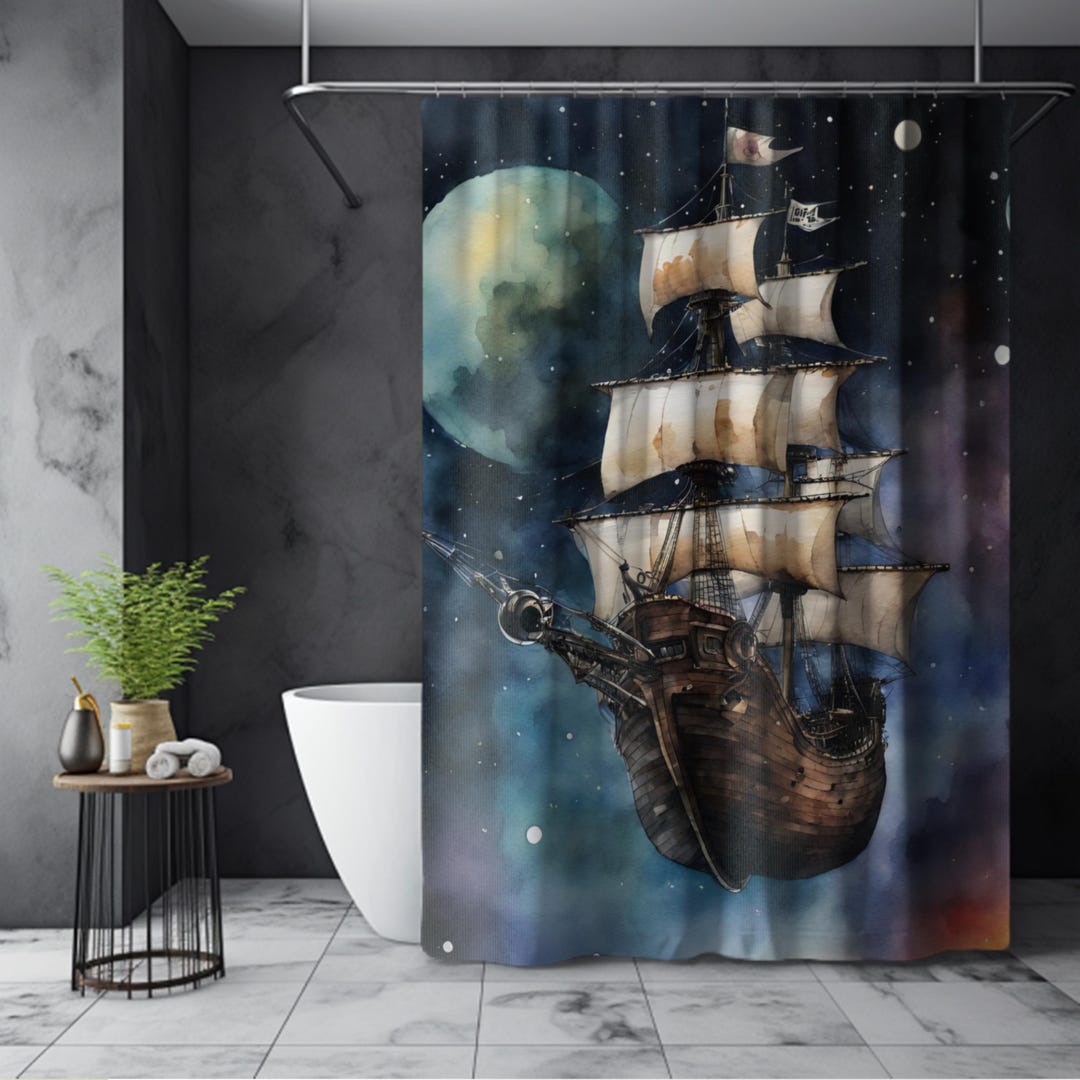 Pirate Ship in Space Shower Curtain, Fantasy Bathroom Decor - Etsy